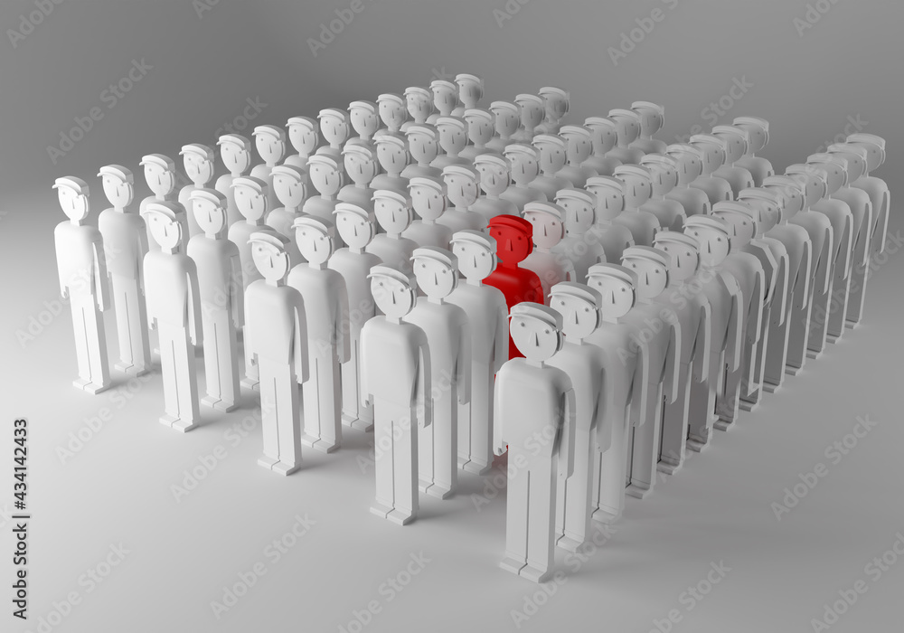 Red man stands in the crowd. Crowd of identical people. Sherny workers ...