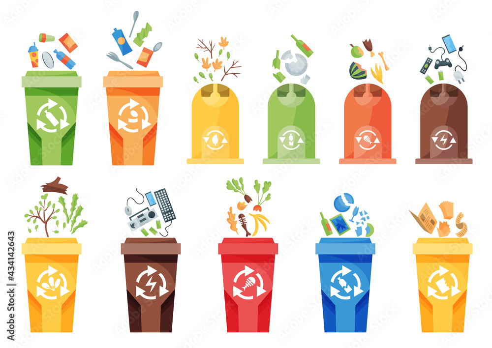 Garbage collection recycling. Plastic containers for garbage of ...