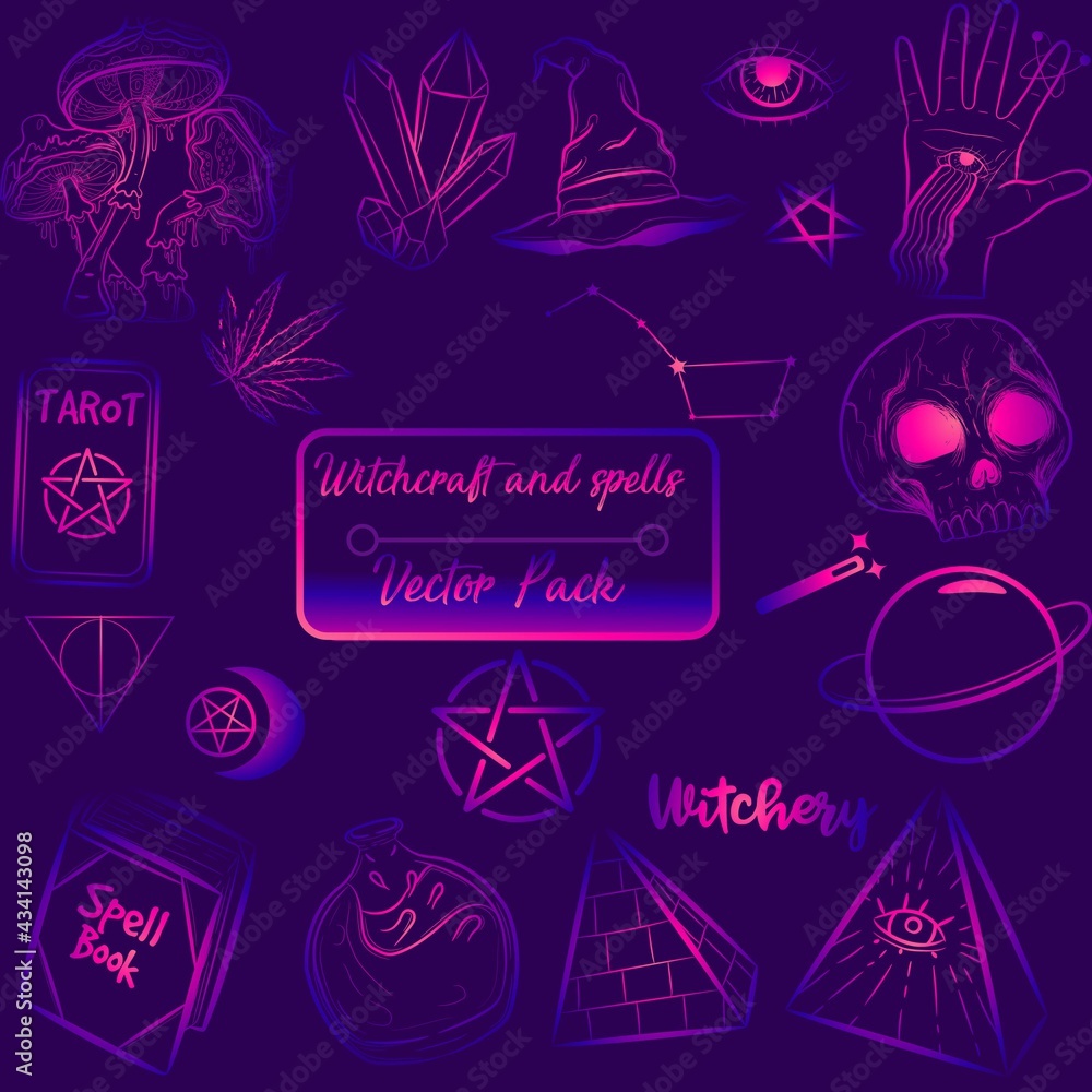 Occult spell collection with witchcraft and Halloween objects. Purple ...