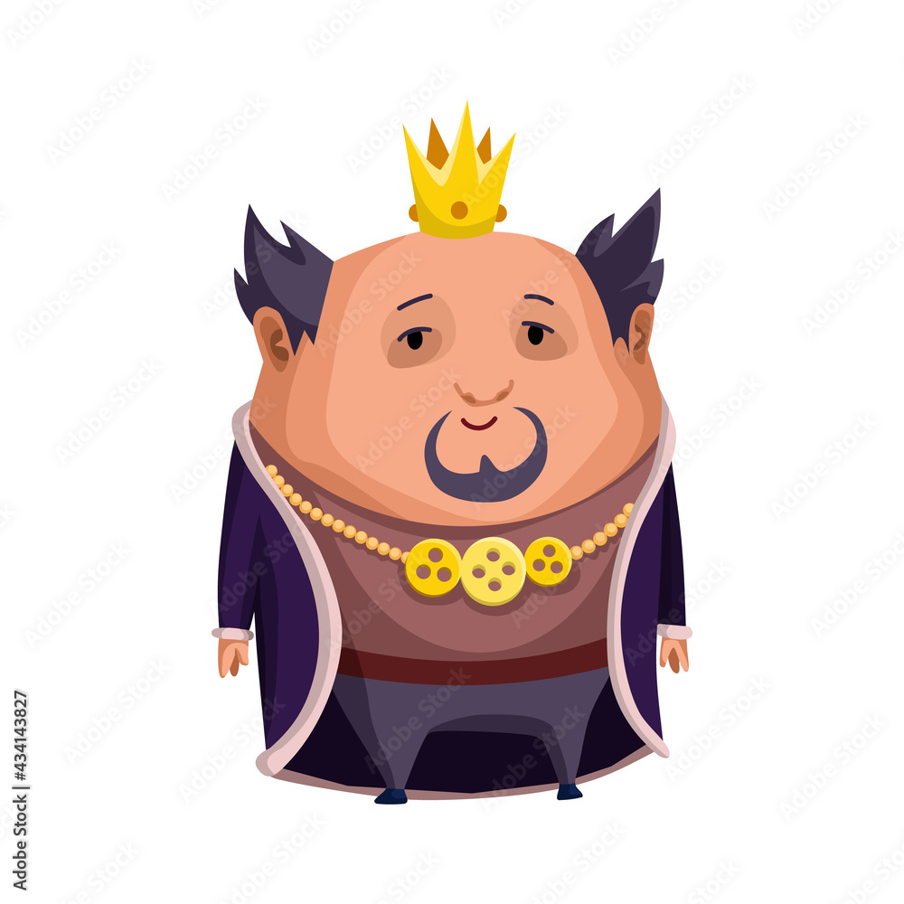 Cartoon king wearing crown and mantle. Fat king standing. Color ...