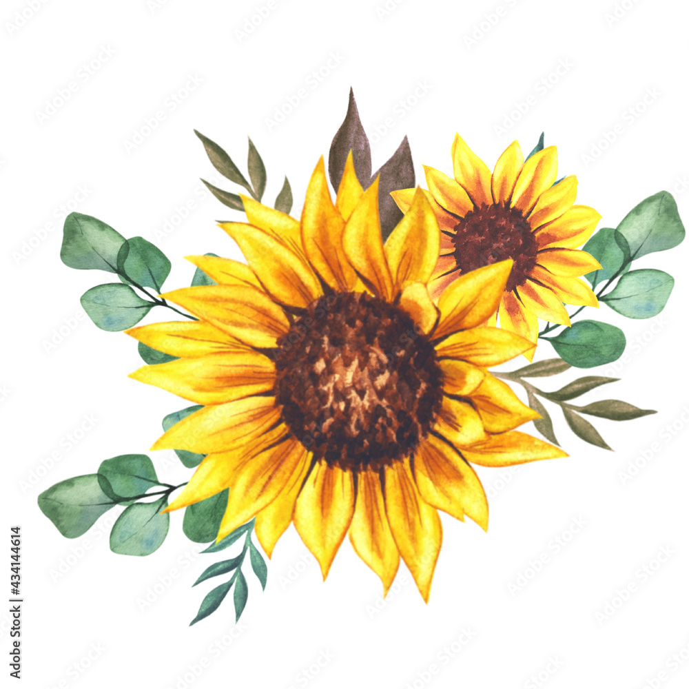 Watercolor sunflowers bouquet, hand painted sunflower bouquets ...