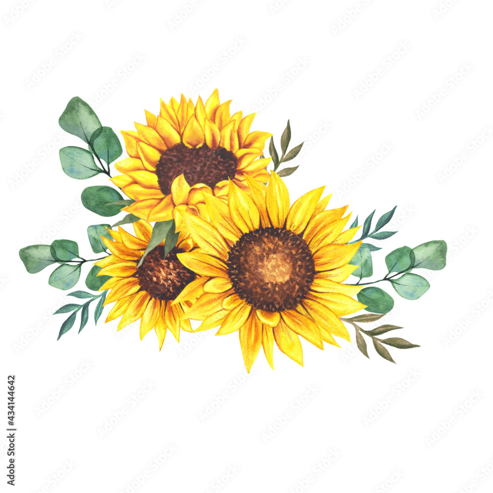 Watercolor sunflowers bouquet, hand painted sunflower bouquets ...