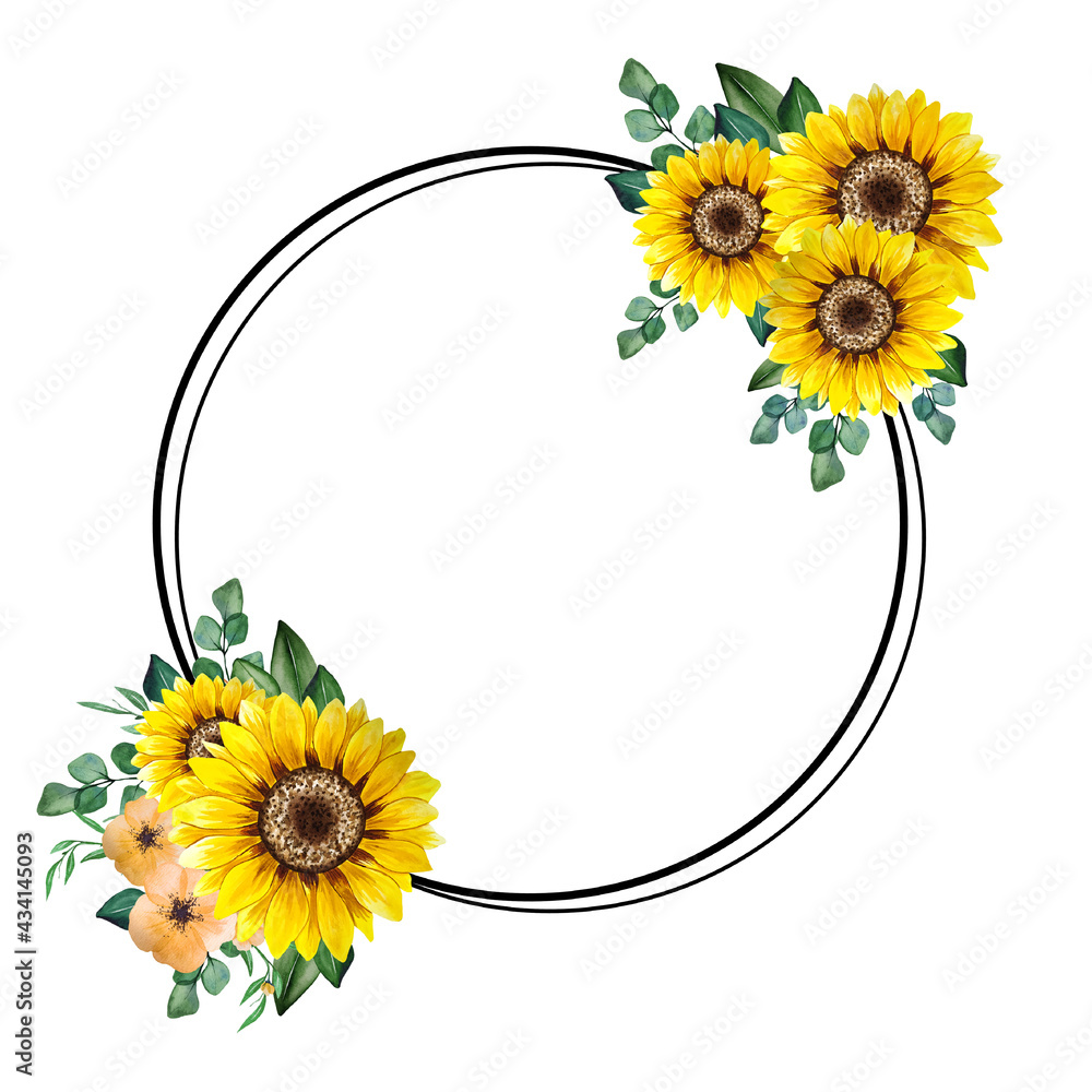 Floral Frames with Sunflowers and Leaves. Watercolor sunflower frame ...