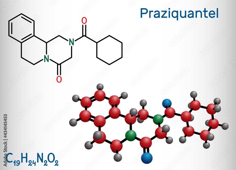 Praziquantel, PZQ, molecule. It is anthelmintic drug for treatment ...