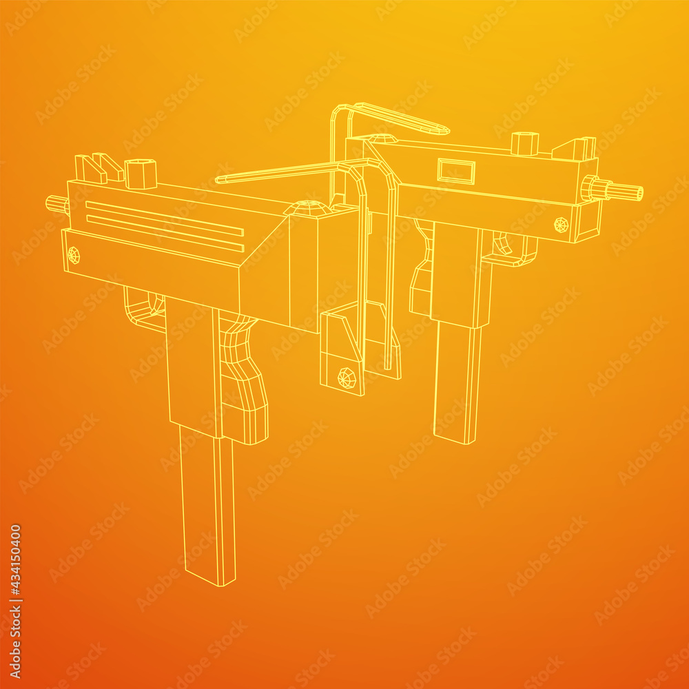 Submachine gun modern firearms pistol. Wireframe low poly mesh vector ...