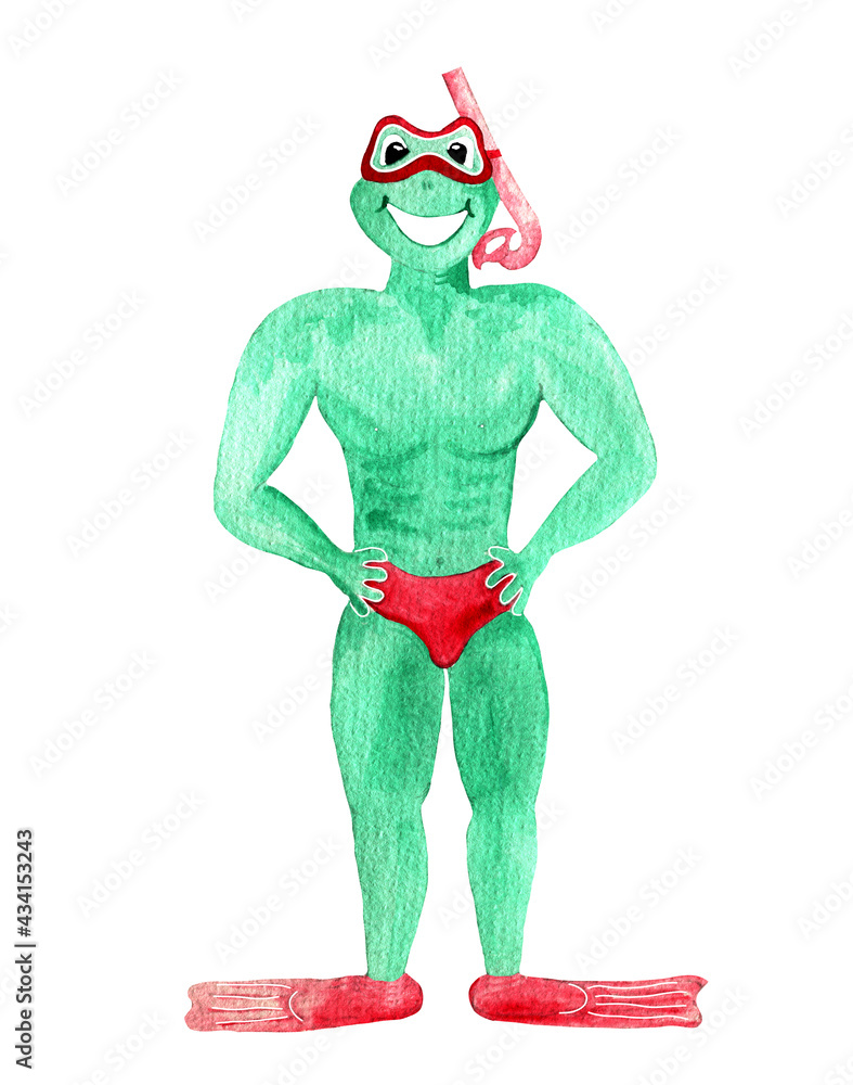 Watercolor green cartoon frog man with mask and flippers Stock ...