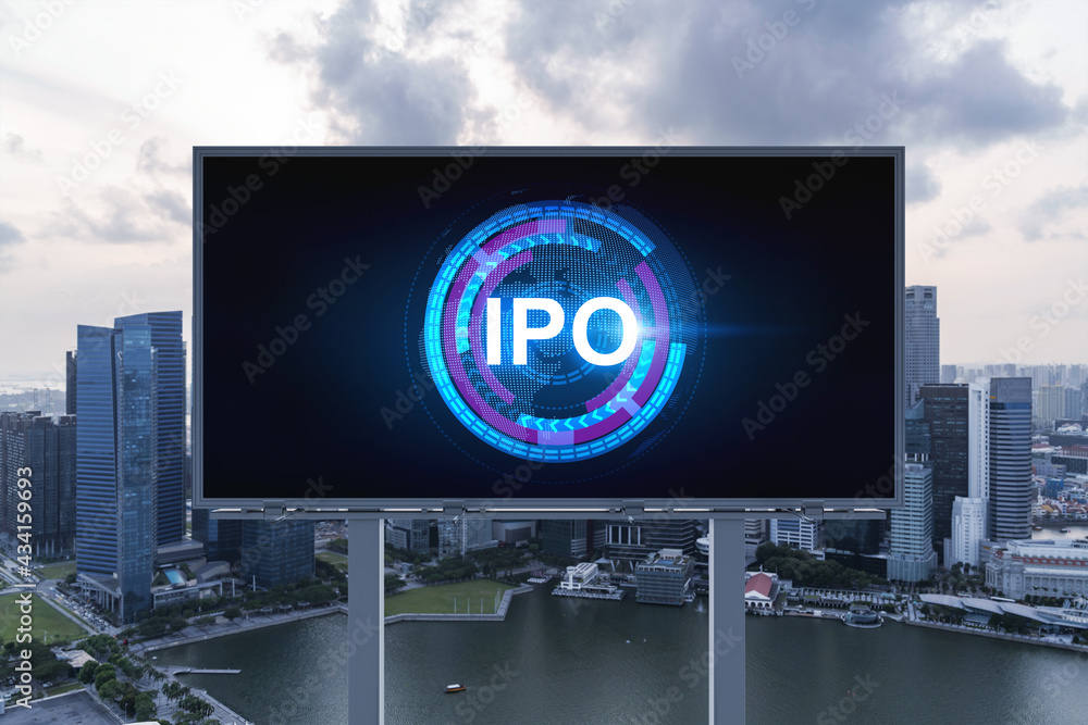 IPO icon hologram on road billboard over sunset panorama city view of ...