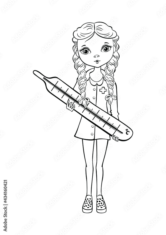 A cute girl dressed as a doctor is holding a thermometer. Coloring page ...