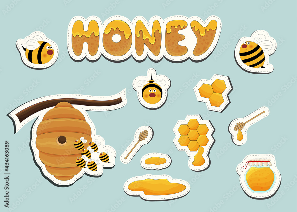Stickers bees set. Honey, honeycomb, beehive, bee. Honey text ...