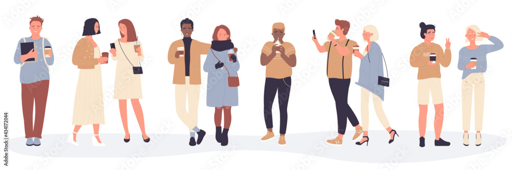 People with coffee drink takeaway vector illustration set. Cartoon ...