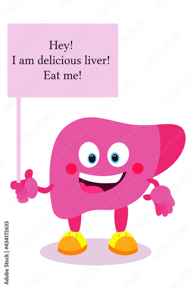 Cartoon liver. Liver with eyes, arms and legs. A living character. Food ...
