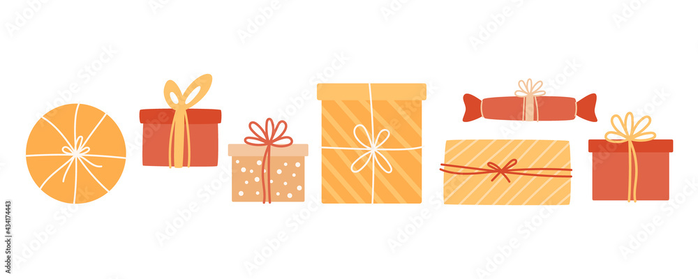 Gift boxes set in bright colors. Beautiful presents in different round ...