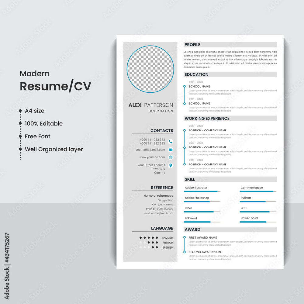 Clean Resume Template; Modern Resume Vector Template; A4 size Resume ...