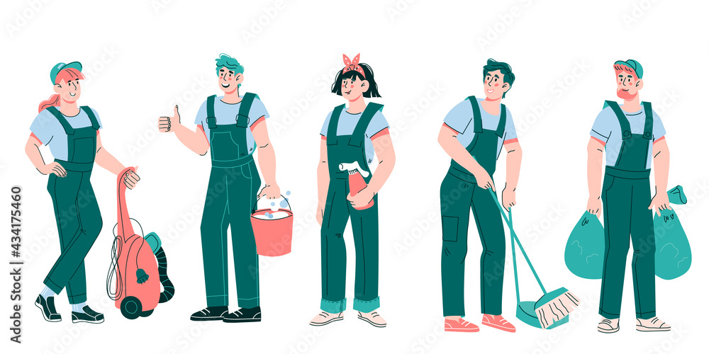 Cleaning company staff cartoon characters - women and men in green ...