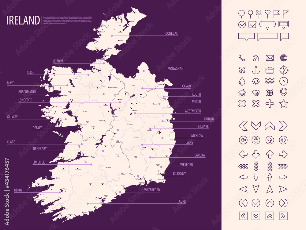 Detailed map of Ireland with administrative divisions on dark ...