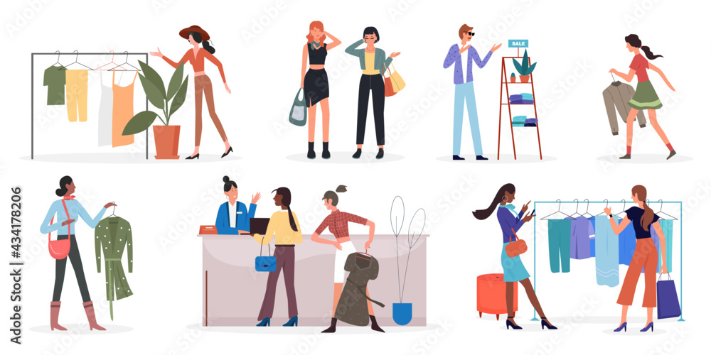 People shopping on sales in clothing fashion store or boutique vector ...