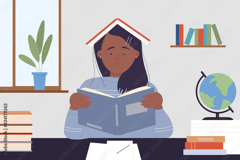 Bored young woman student and books, hard education work vector ...