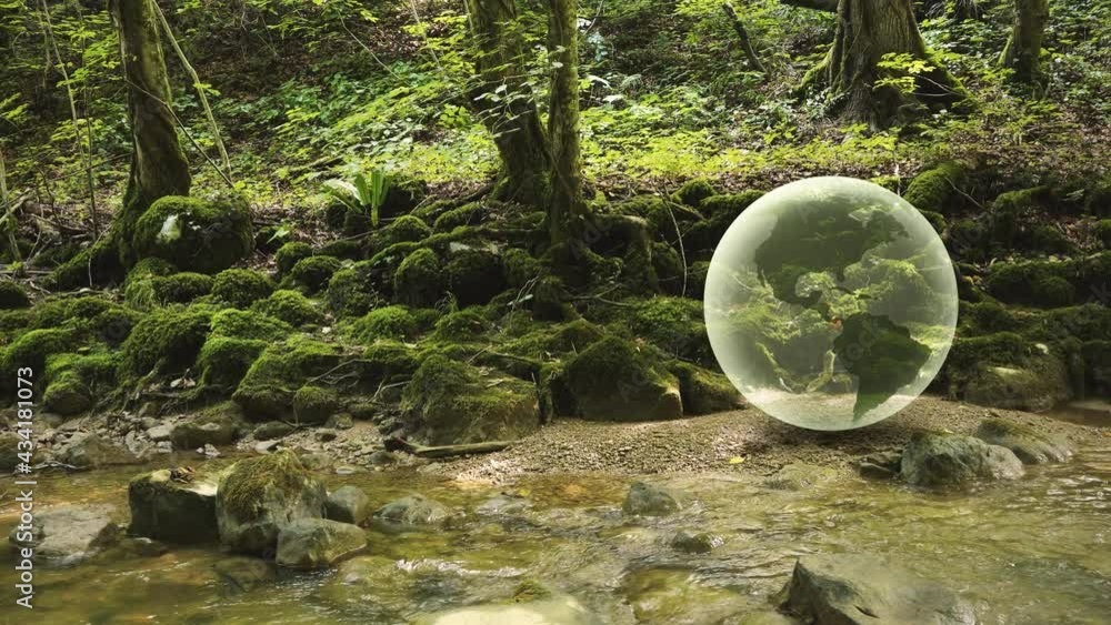3d shiny Earth globe in the woods with river environment forest ...