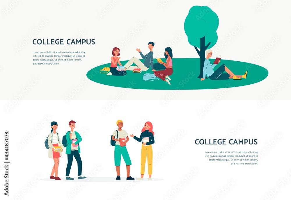 College campus flyers set with studying students flat vector ...