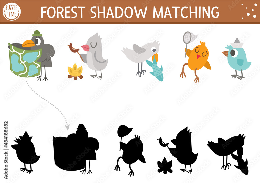 Forest or camping shadow matching activity with cute animals. Family ...