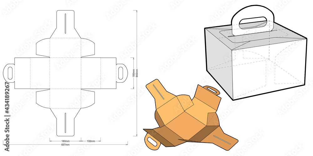 Cake Box with handle and Die-cut Pattern. The .eps file is full scale ...