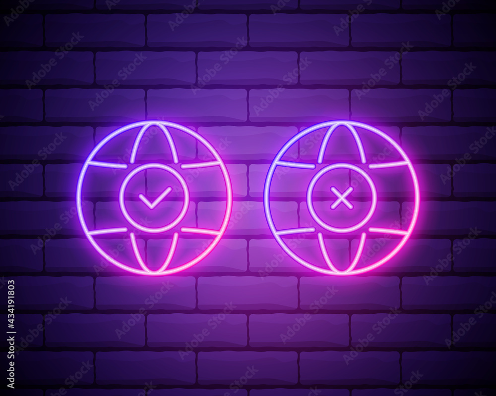 Planet Earth neon sign. Bright glowing symbol isolated on brick wall ...