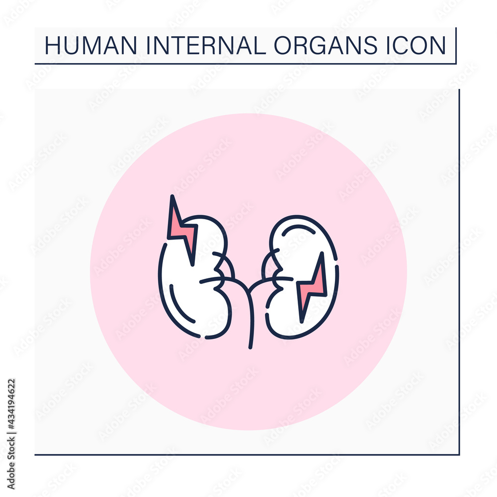 Kidney color icon.Pain in kidney due inflammatory processes. Renal ...