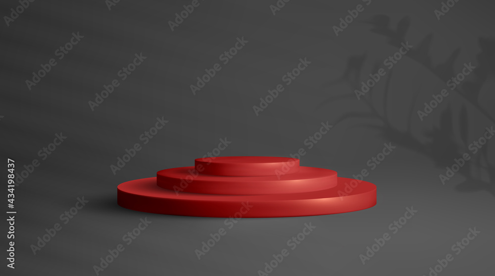 3D red podium on soft black background. 3D stage round podium vector ...