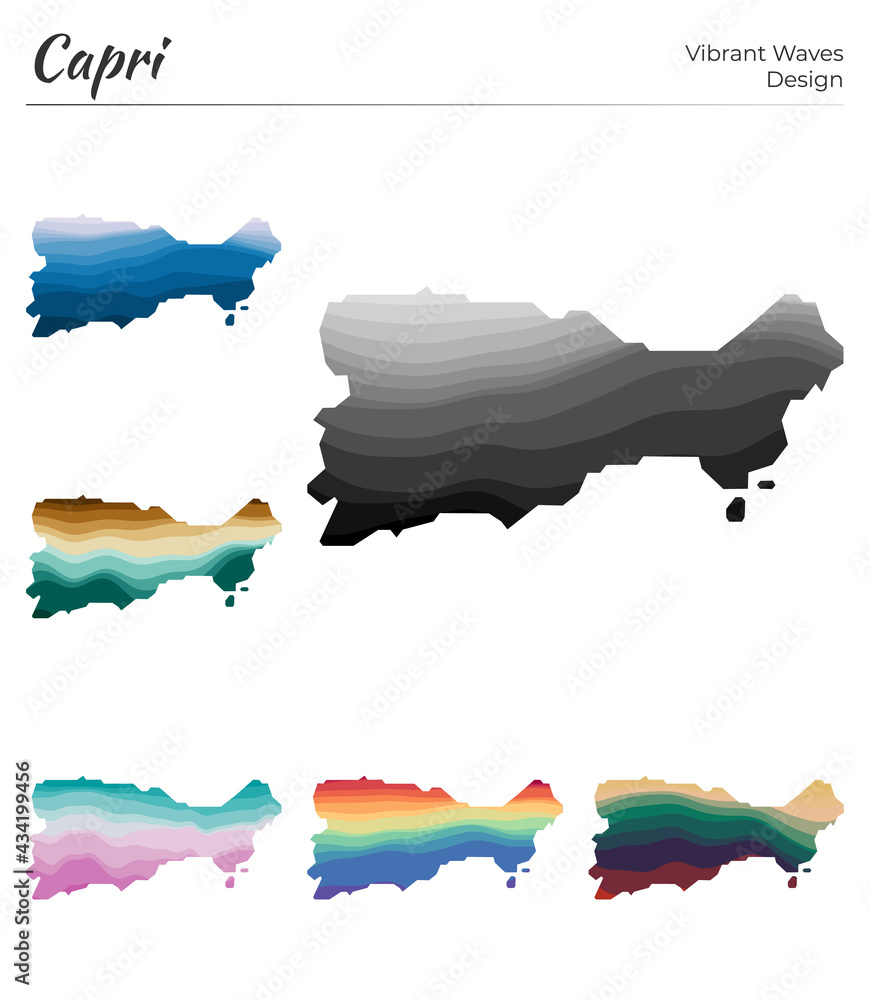 Set of vector maps of Capri. Vibrant waves design. Bright map of island ...