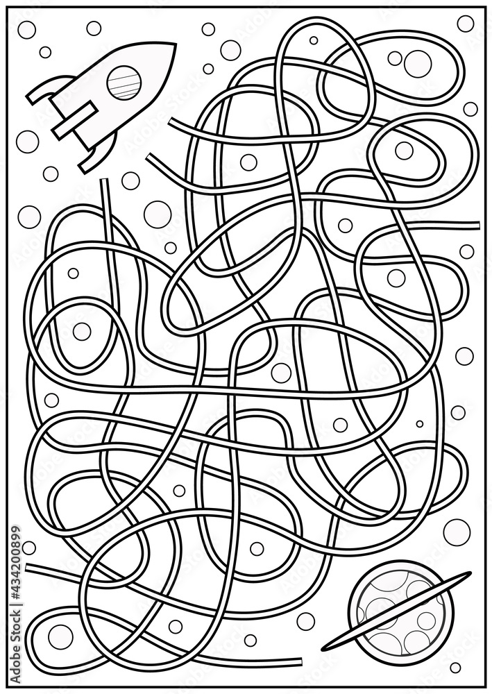 Coloring maze game with space rocket. Cartoon vector outline labyrinth ...