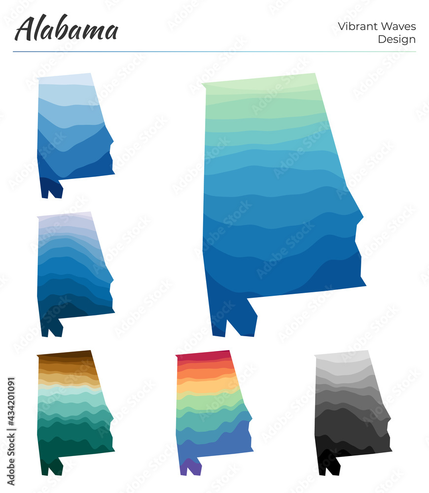 Set of vector maps of Alabama. Vibrant waves design. Bright map of us ...