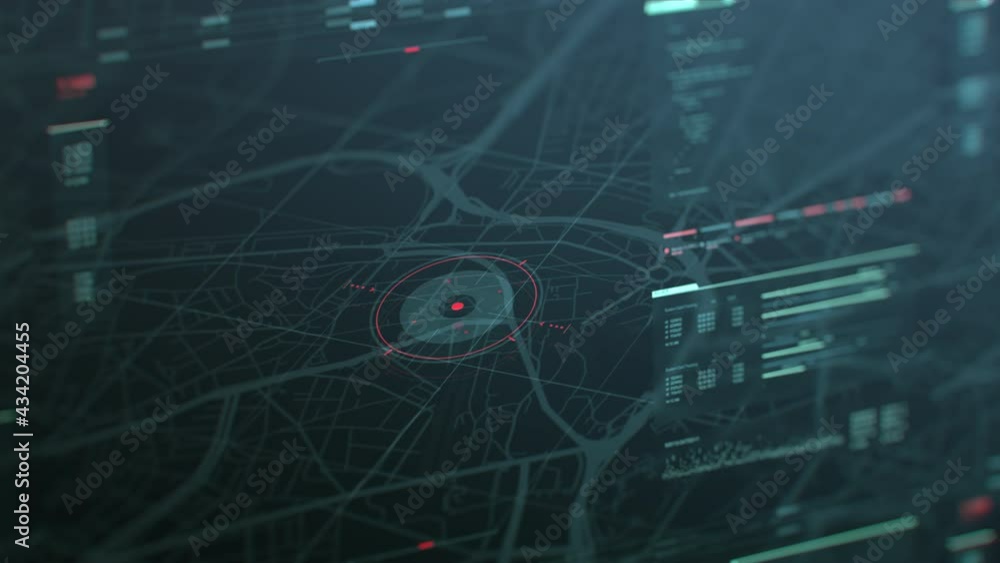 Futuristic security spy program interface. Dynamic modern HUD. GPS location tracking or scanning ...
