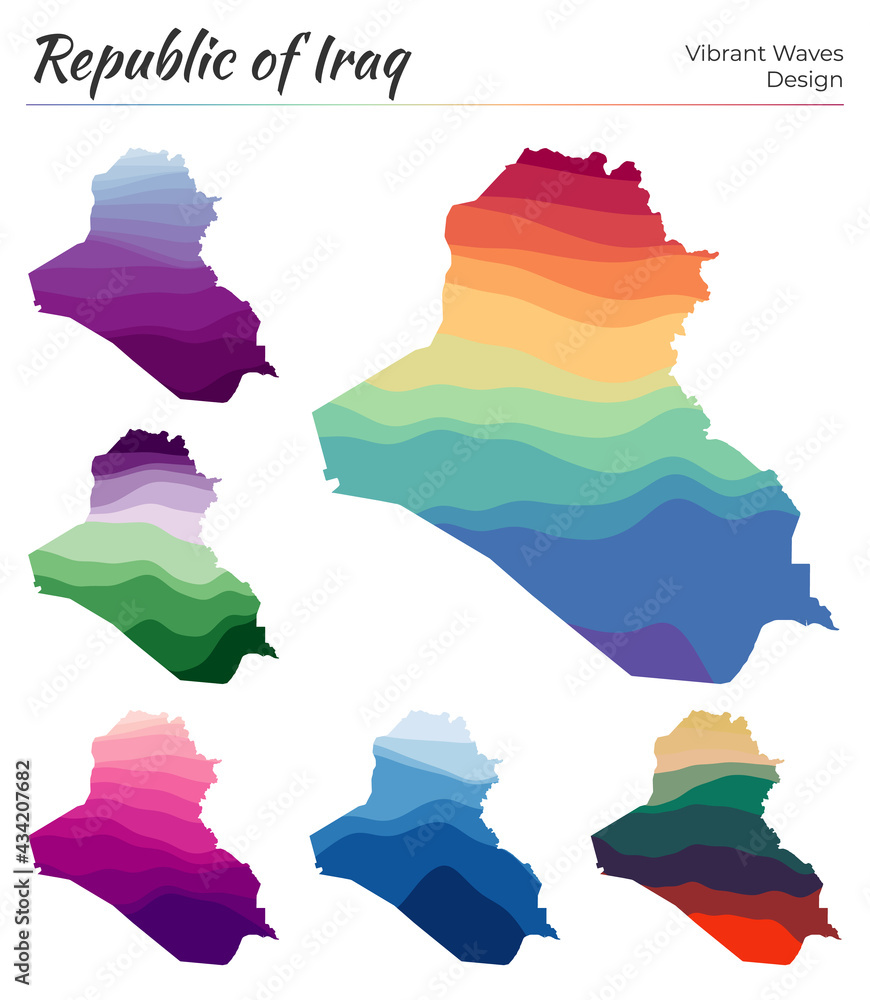 Set of vector maps of Republic of Iraq. Vibrant waves design. Bright ...