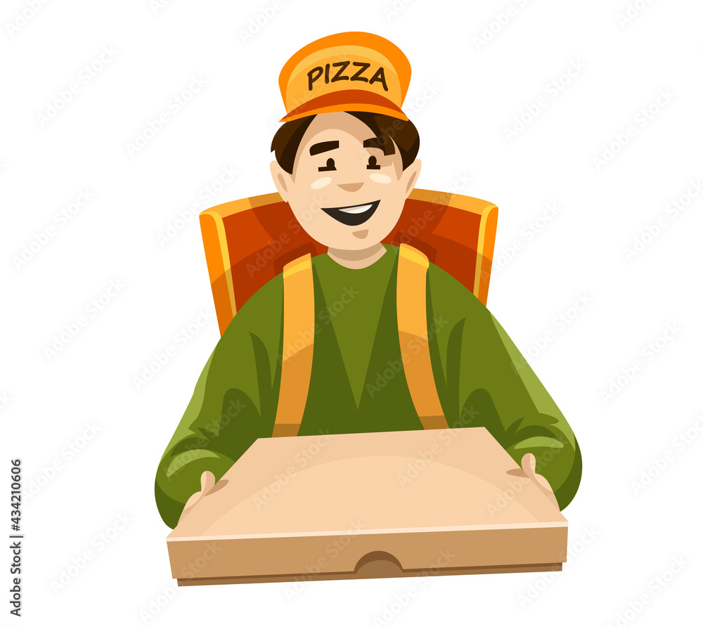 Pizza delivery courier with Box. Cartoon character pizzeria order ...