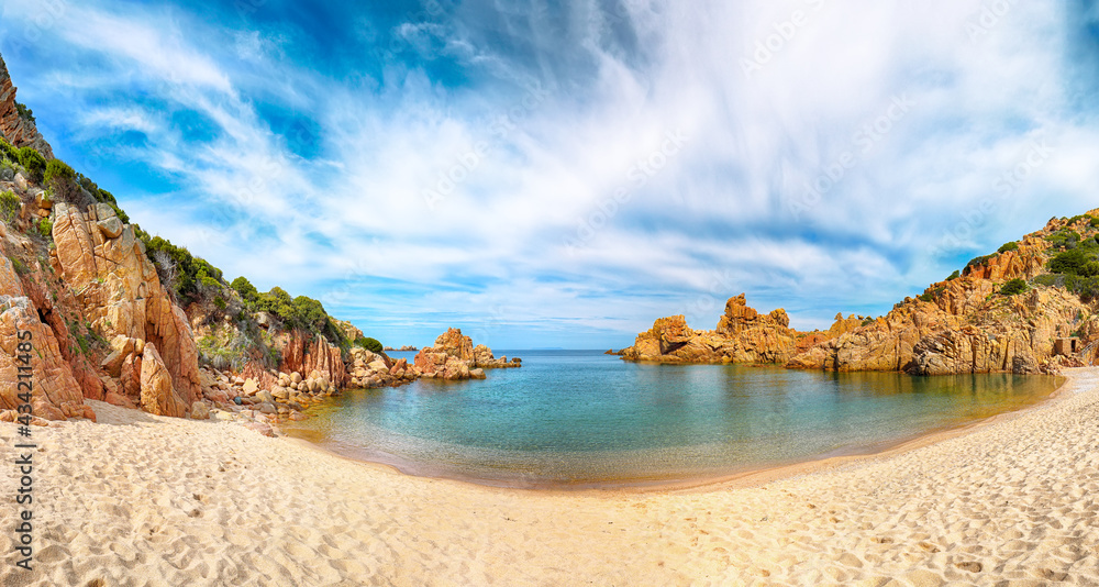 Captivating view of Li Cossi beach on Costa Paradiso resort. Stock ...