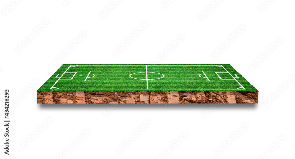 Soil cross section with grass soccer field Isolated on white background ...