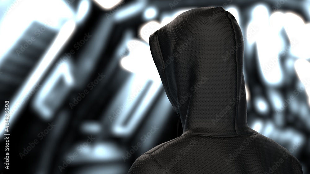 Anonymous hacker with black leather hoodie in shadow under spaceship ...