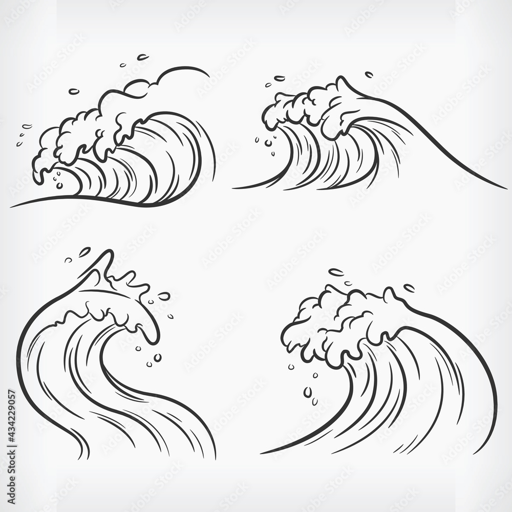 Doodle Ocean Wave Handdrawn Outline Sketch Beach Vector Drawing Stock ...
