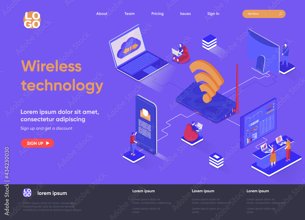 Wireless technology isometric landing page. WiFi network communication ...