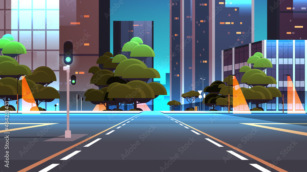 empty night street road with crossroad and traffic lights city ...