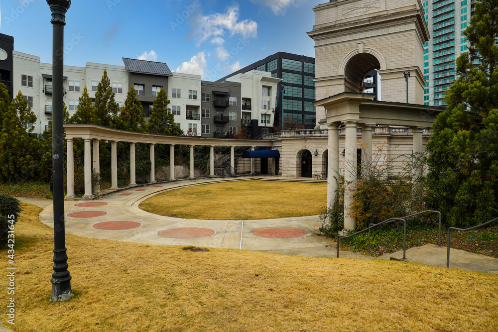 a shot of the Triumphal arch at the Millennium Gate Museum and a circle ...