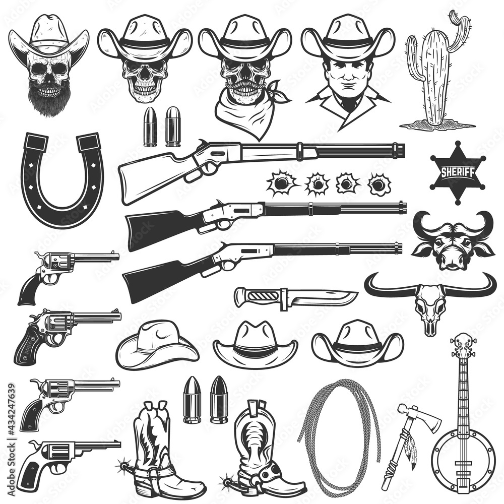 Wild West design elements. Cowboy weapon, hat, boots, lasso, cowboy ...
