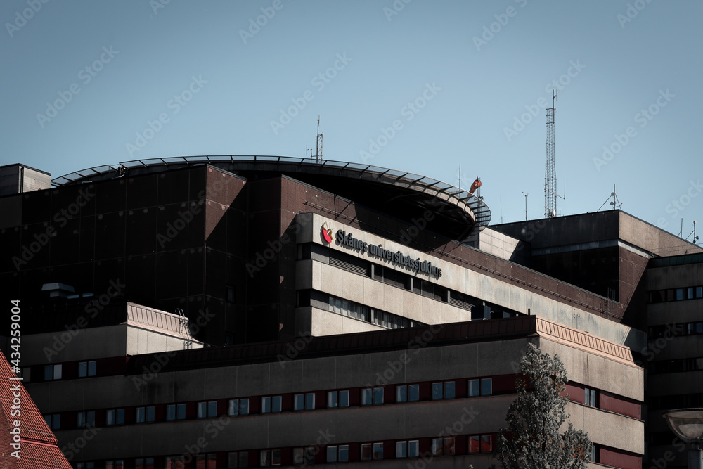 The facade of the university hospital in Lund with its helipad is ...