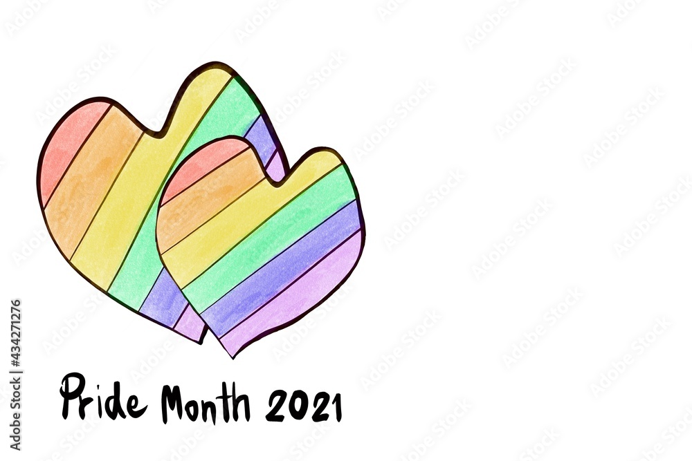 Drawing heart in rainbow colours with texts 'Pride Month 2021', concept ...