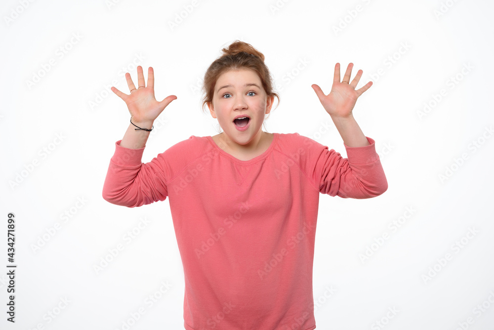 What Wonderful News Surprised And Happy Young Girl Express Overjoy And