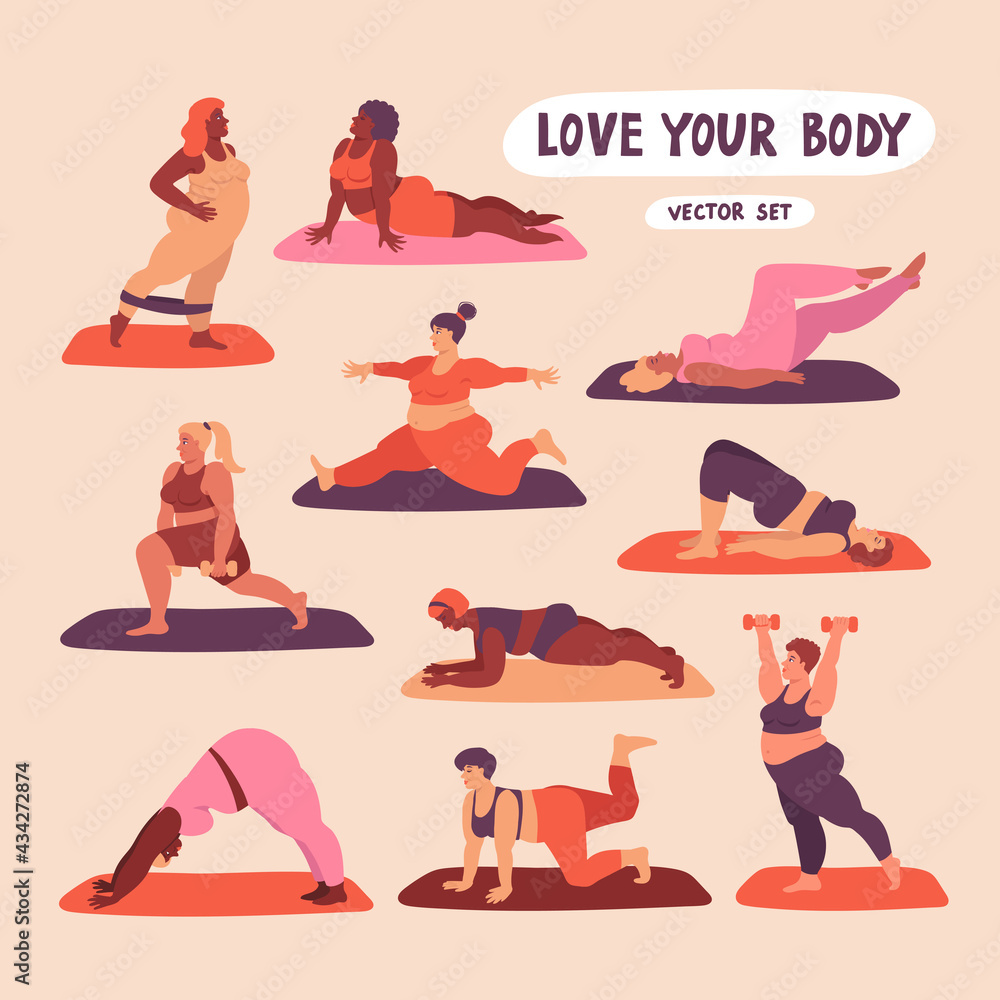 Vector cartoon set on the theme of sport, fitness, shape support ...