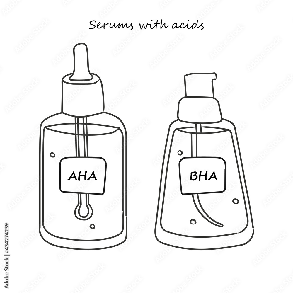 Set of hand drawn serums with AHA- and BHA-acids outline, isolated ...