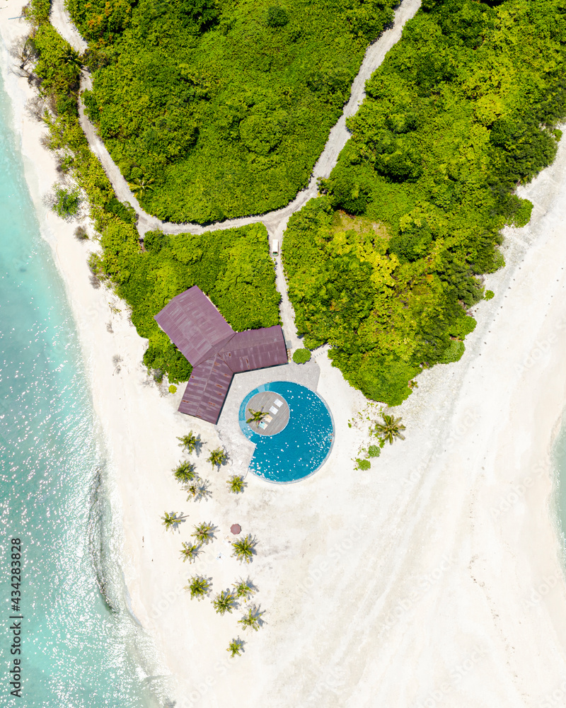 Aerial view of a pool with people swimming and the rooftop of the pool ...