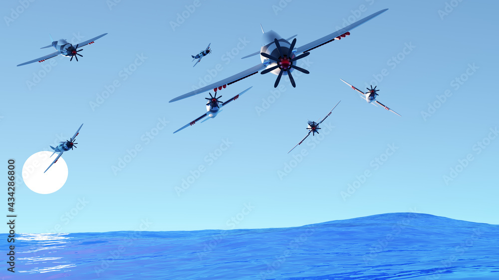 WW2 Planes Scene Flaying over Ocean Stock Illustration | Adobe Stock