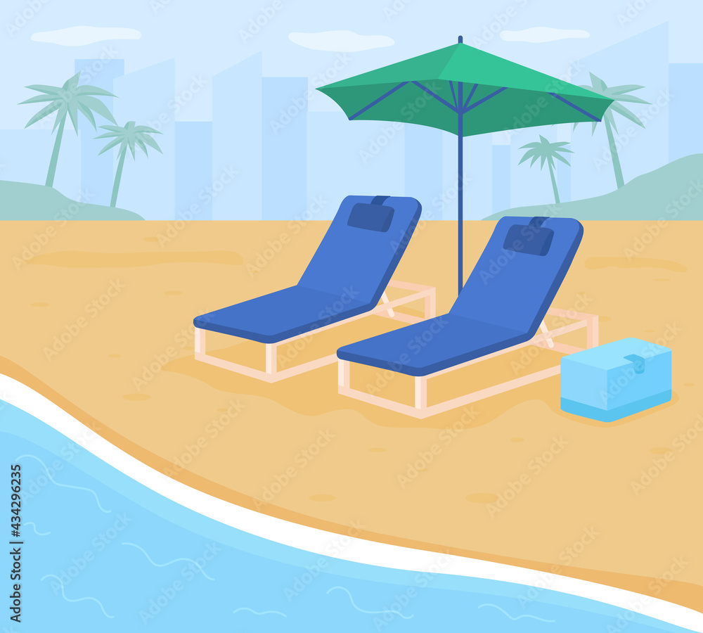 Folding chairs on sand beach flat color vector illustration. Seashore ...